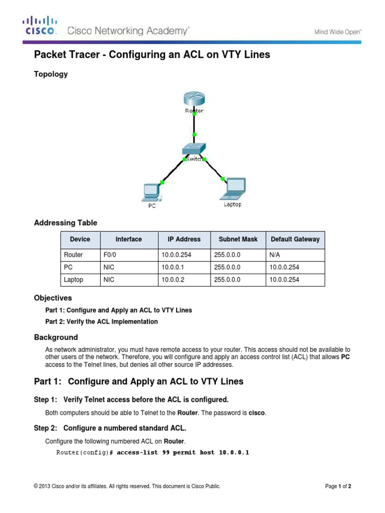 Packet Tracer - Configuring An ACL On VTY Lines: Topology | PDF