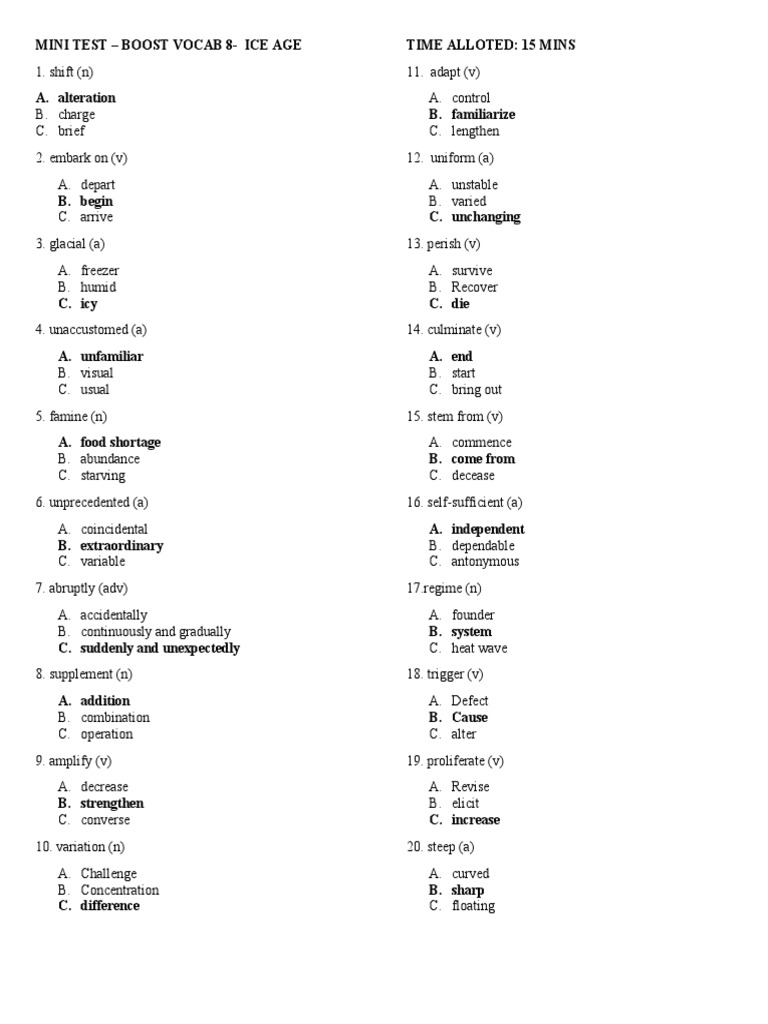 MINI TEST Boost Vocab 8 Unit 5 Ice Age | PDF | Forms Of Water | Water Ice