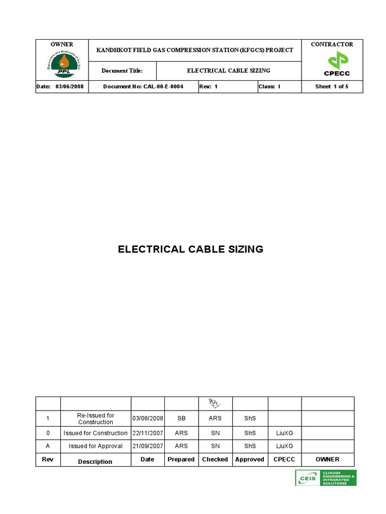 CAL-00-E-0004 Rev-1 ELECTRICAL CABLE SIZING | Download Free PDF ...