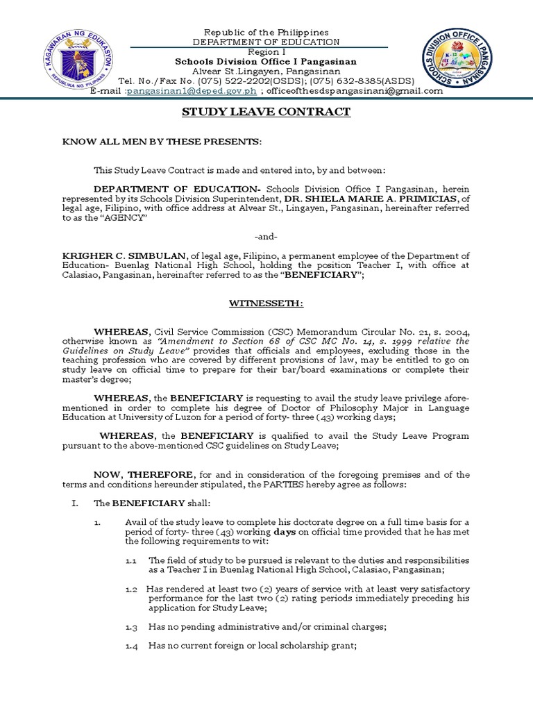 Study Leave Contract: Pangasinan1@deped - Gov.ph | Download Free PDF ...