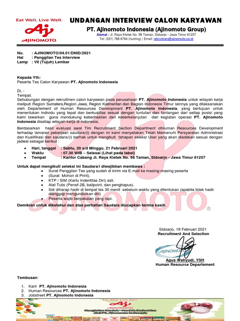 Undangan Interview Calon Karyawan Ajinomoto | PDF