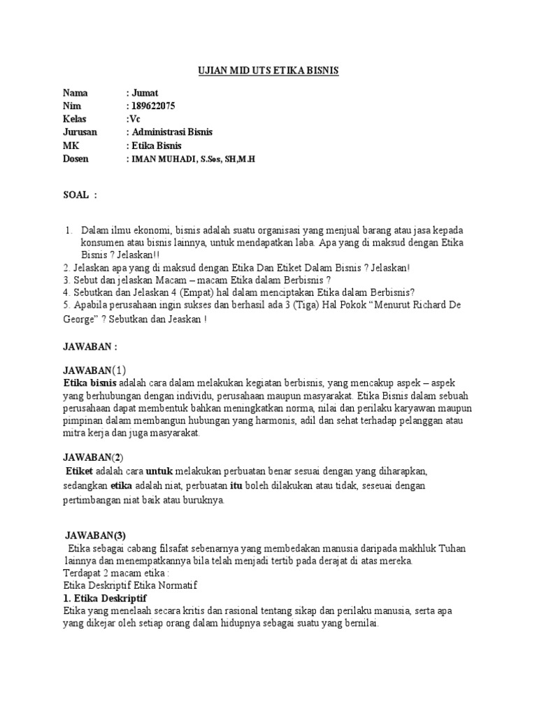 Ujian Mid Uts Etika Bisnis | PDF
