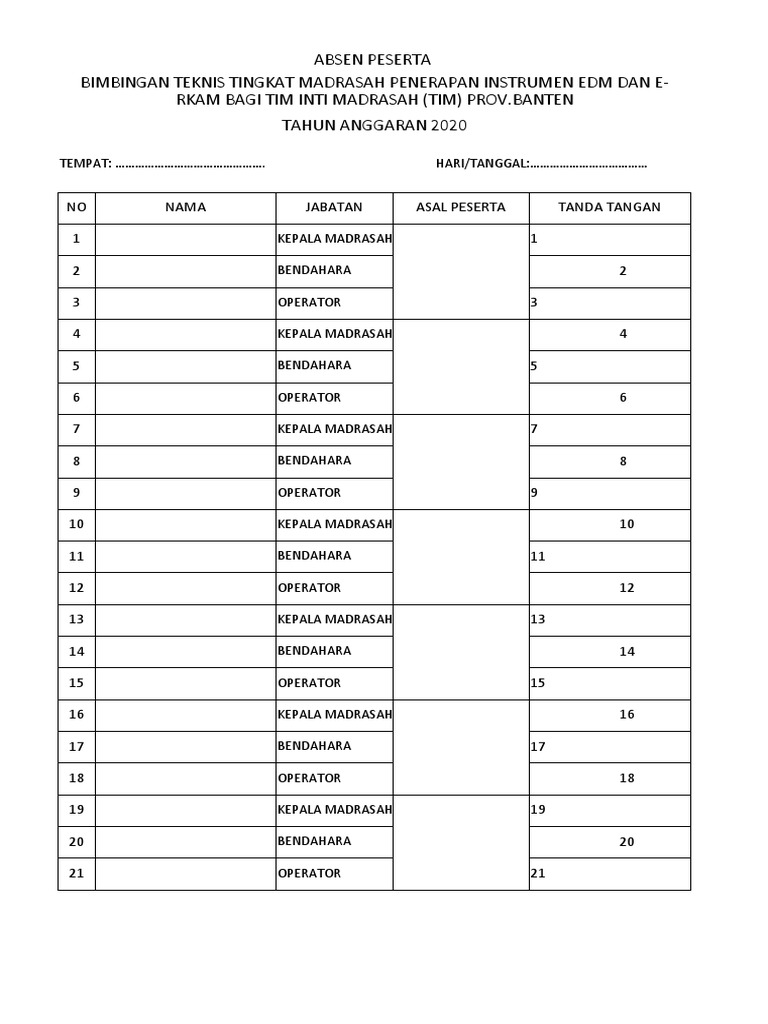 Absen Peserta Bimbingan Teknis 2020 | PDF