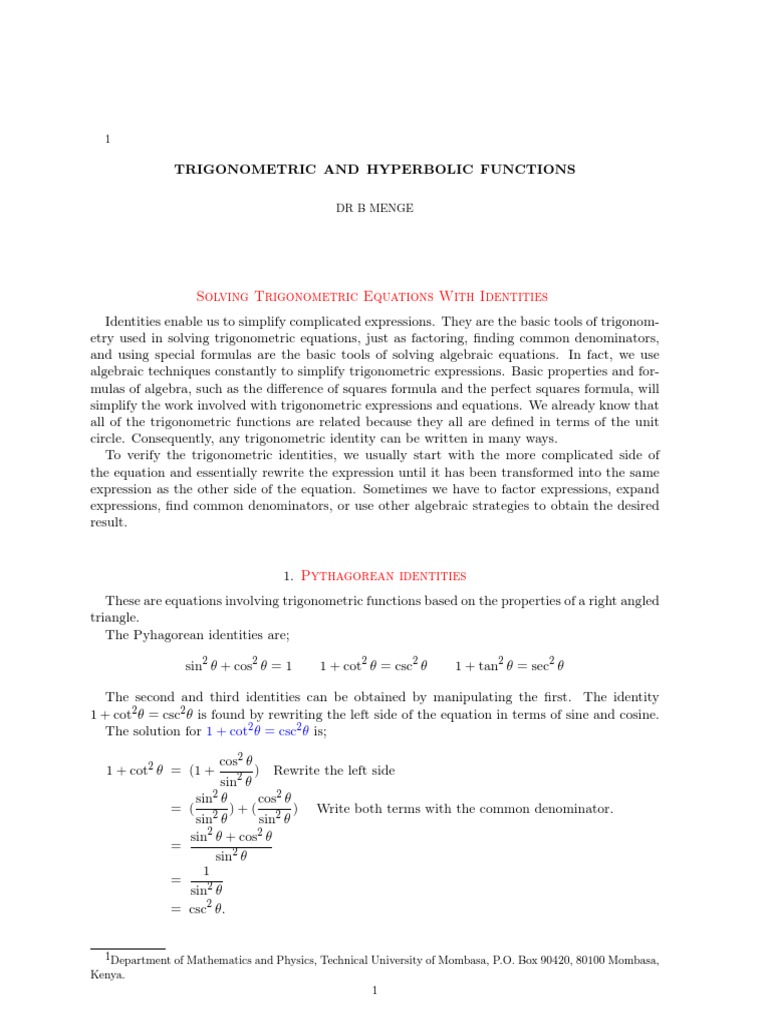 Trigonometric And Hyperbolic Functions Pdf Trigonometric Functions Sine