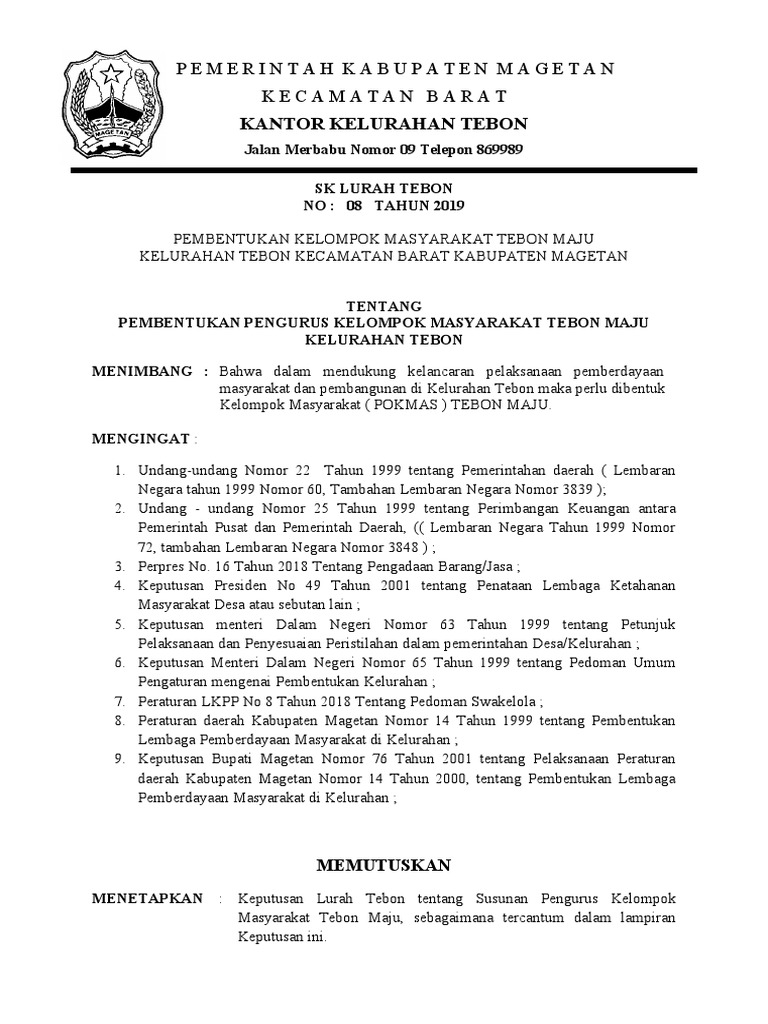 SK Pembentukan Pokmas Tebon Maju | PDF