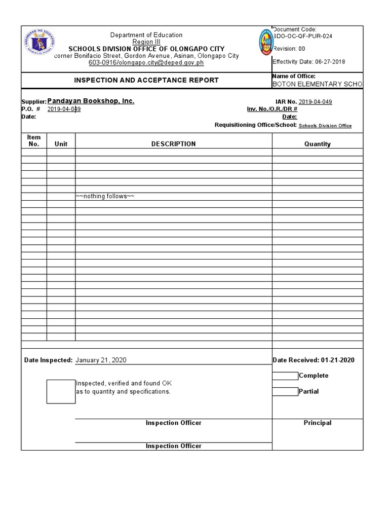 Inspection and Acceptance Report Pandayan Bookshop, Inc | PDF ...