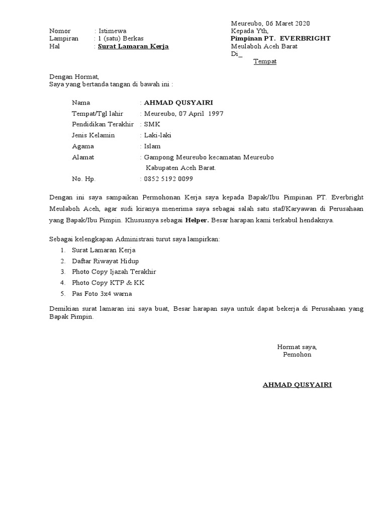 Lamaran Kerja PT Everbright | PDF