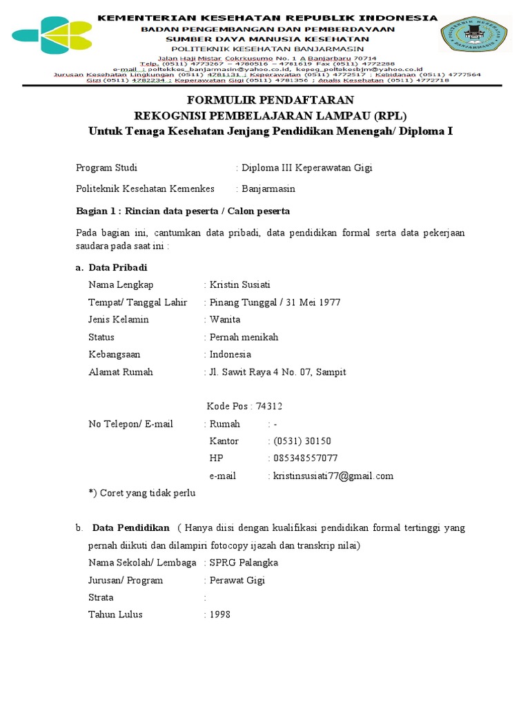 Formulir Pendaftaran RPL | PDF | Kesehatan Holistik