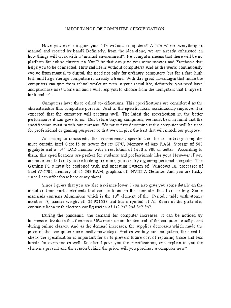 Importance of Computer Specification | PDF | Personal Computers | Intel