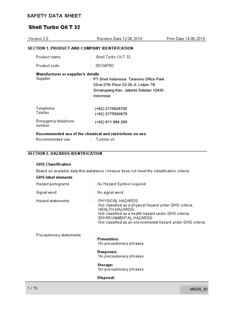 Msds - Id Shell Turbo T 32 | PDF | Toxicity | Personal Protective Equipment