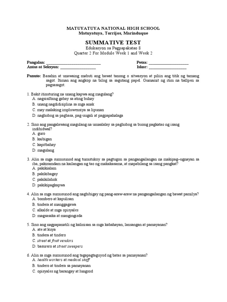 ESP Assessment Test Week 1 and 2 | PDF