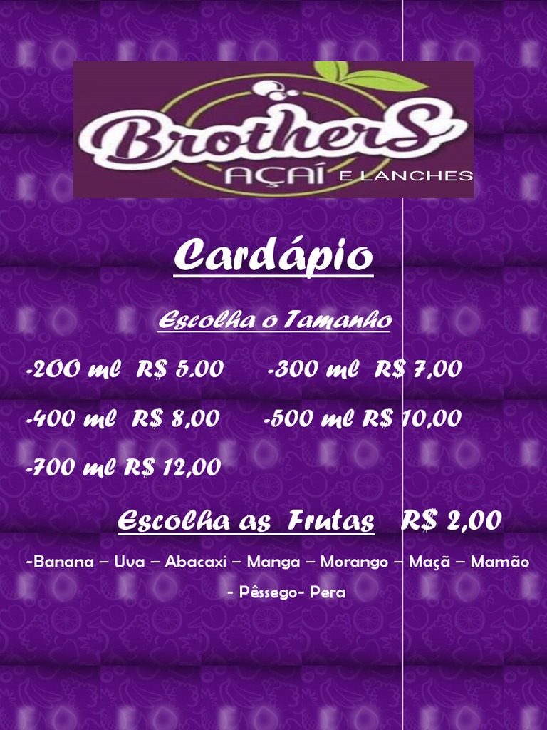 Novo Cardápio Brothers Açai e Lanches | PDF | Bebidas não alcoólicas ...