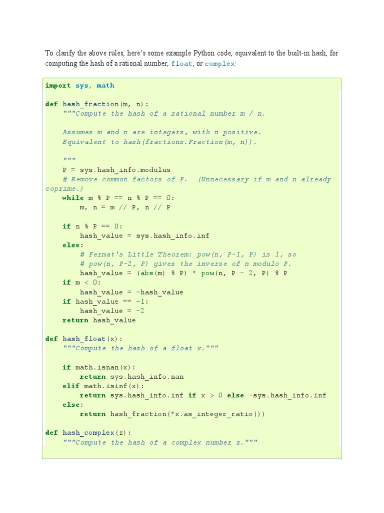 Hash functions for computing hashes of rational numbers, floats, and complex numbers in Python ...