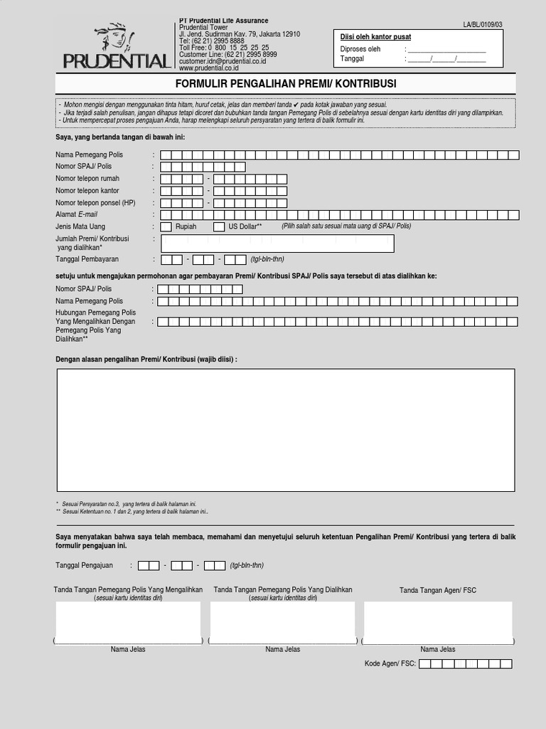 Form Pengalihan Premi Dan Atau Kontribusi | PDF