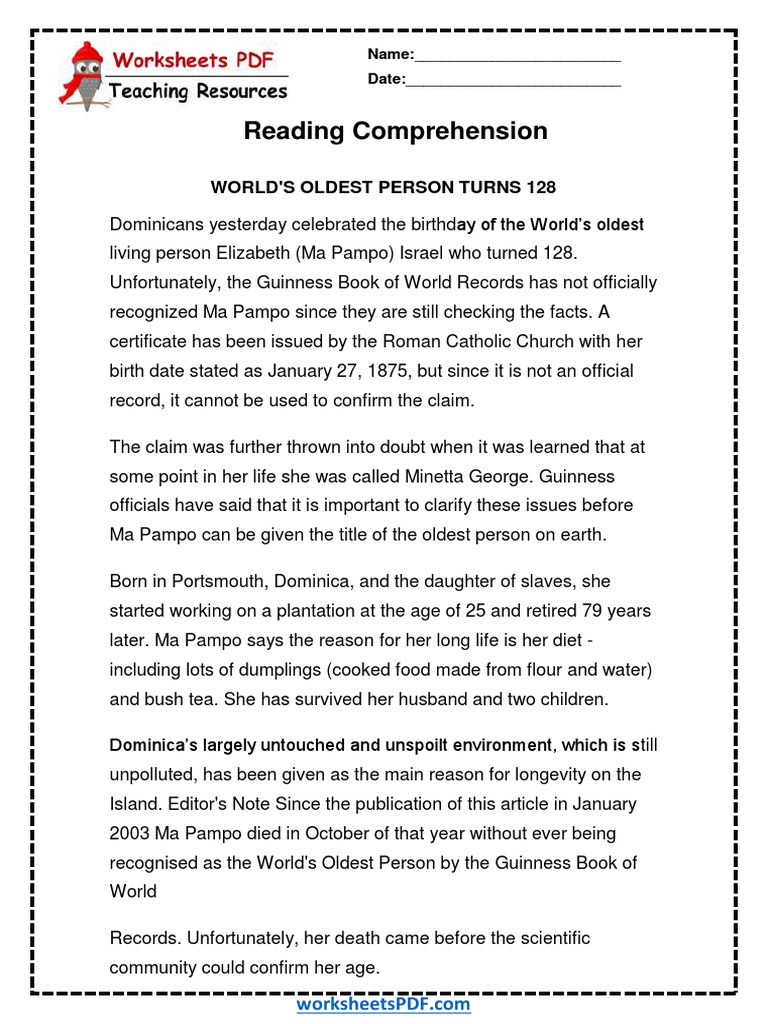 Oldest-Person-Turns 128 Reading Comprehension | PDF | Foods