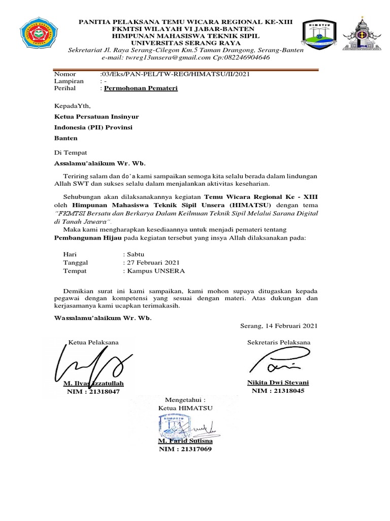 Surat Permohonan Pemateri Pii TW Reg | PDF