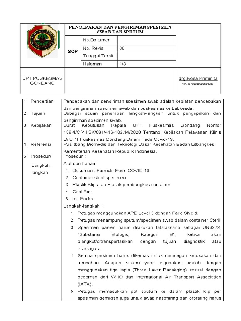 Sop Pengepakan Dan Pengiriman Spesimen Swab | PDF | Sains & Matematika