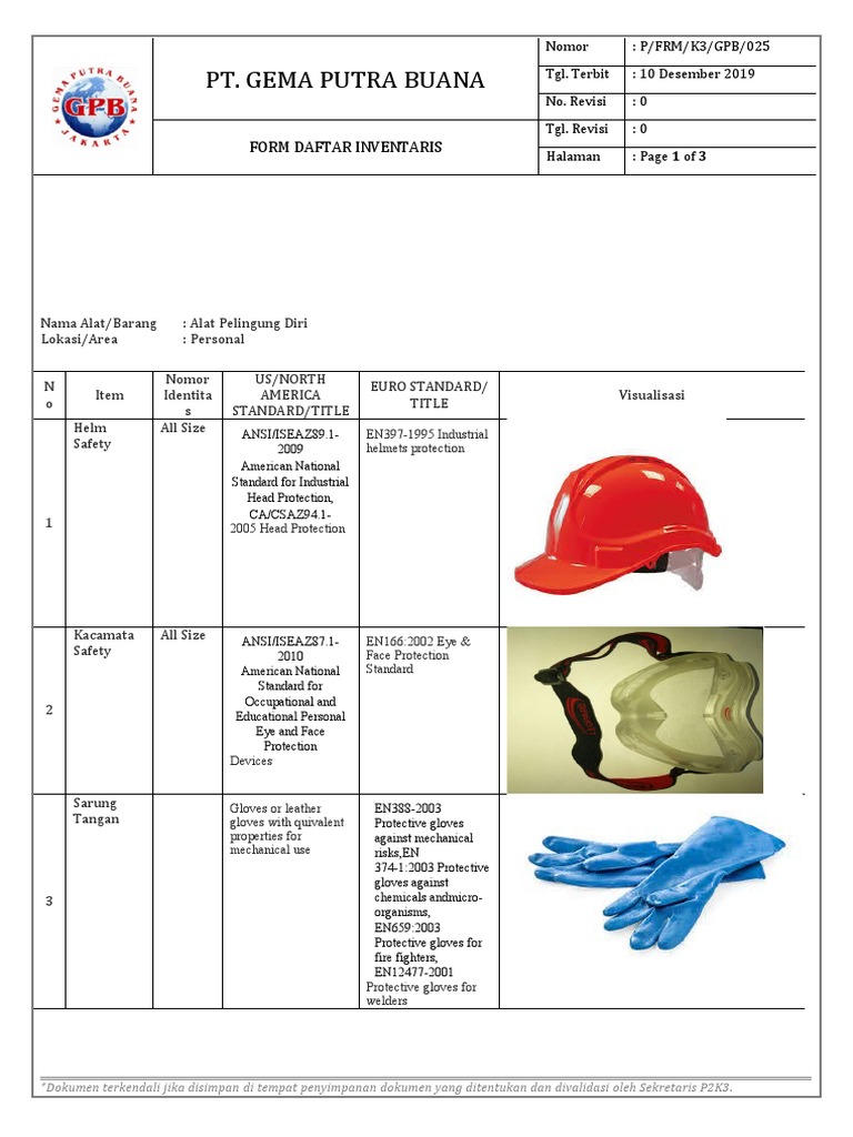 Form Daftar Inventaris APD | PDF | Personal Protective Equipment | Sports Equipment