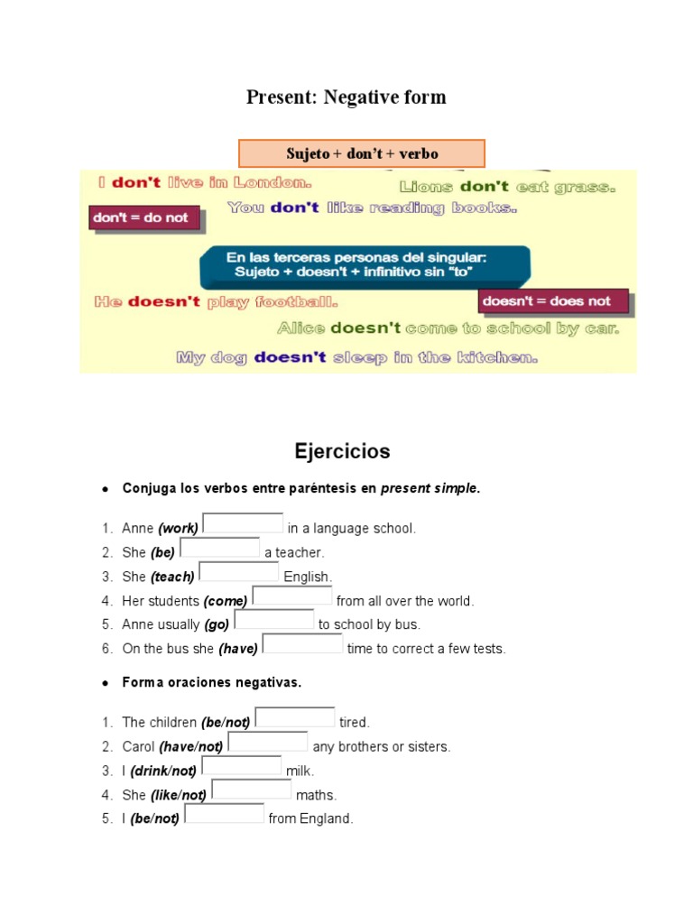 Present: Negative Form: Sujeto + Don't + Verbo | PDF | Foreign Language ...