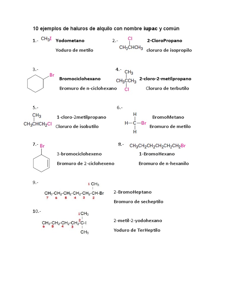 10 Ejemplos de Haluros de Alquilo Con Nombre Iupac y Común | PDF