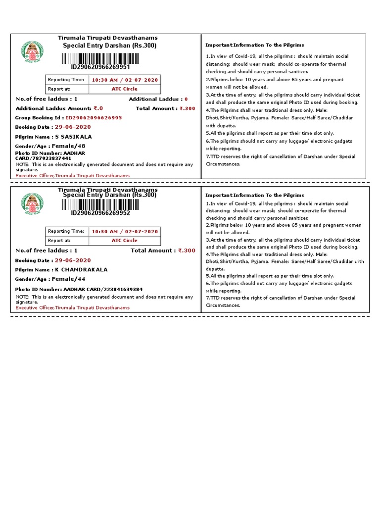 Tirupati Special Entry Darshan Details | PDF | Clothing | Business