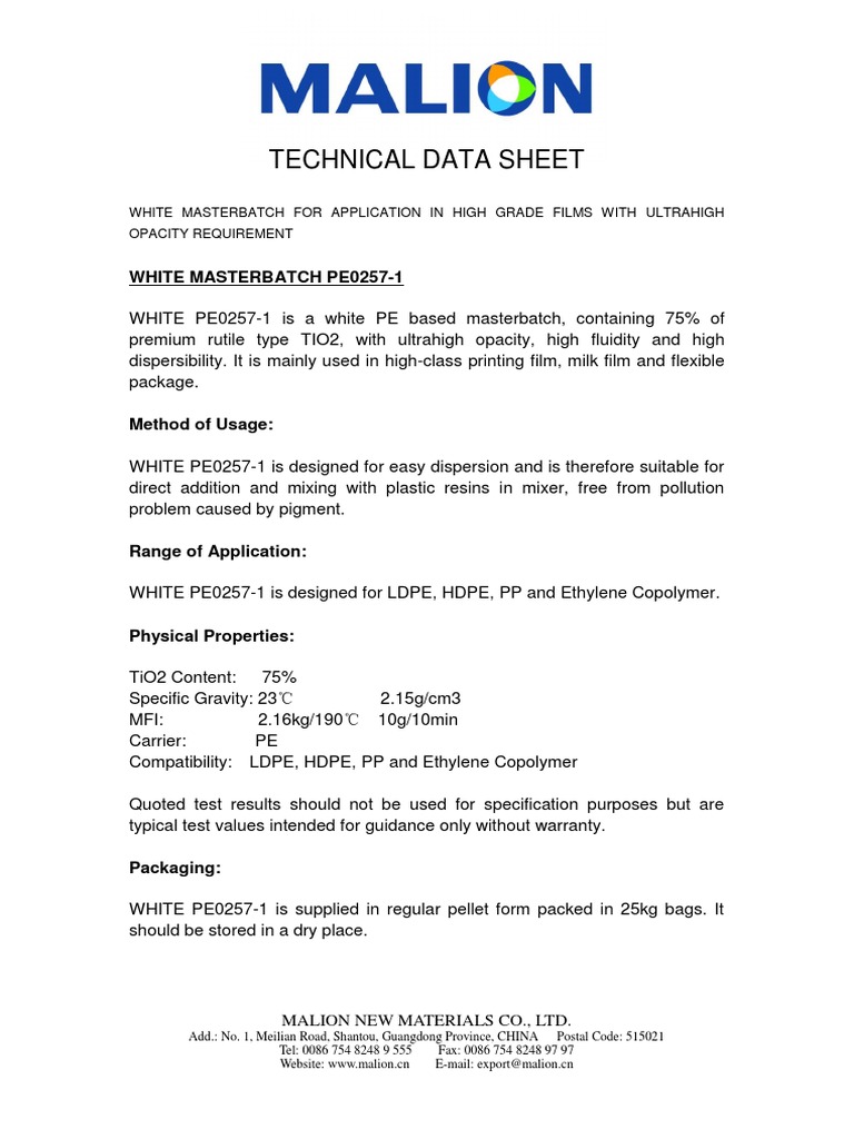 Technical Data Sheet: White Masterbatch Pe0257-1 | PDF