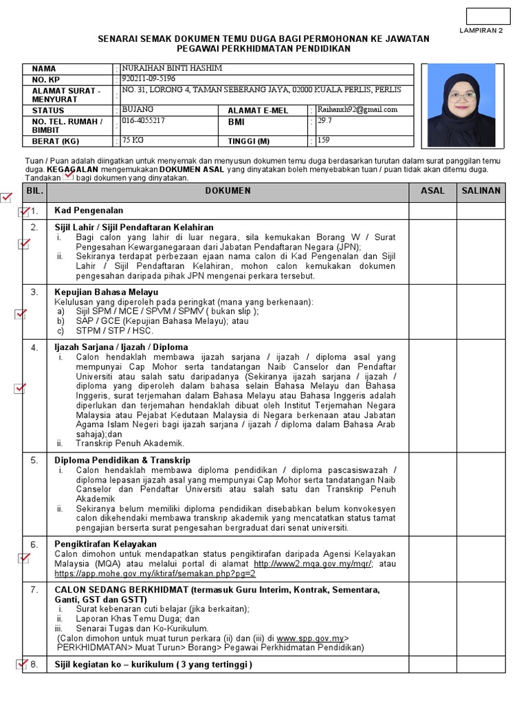 Senarai Semak Dokumen Temu Duga | PDF