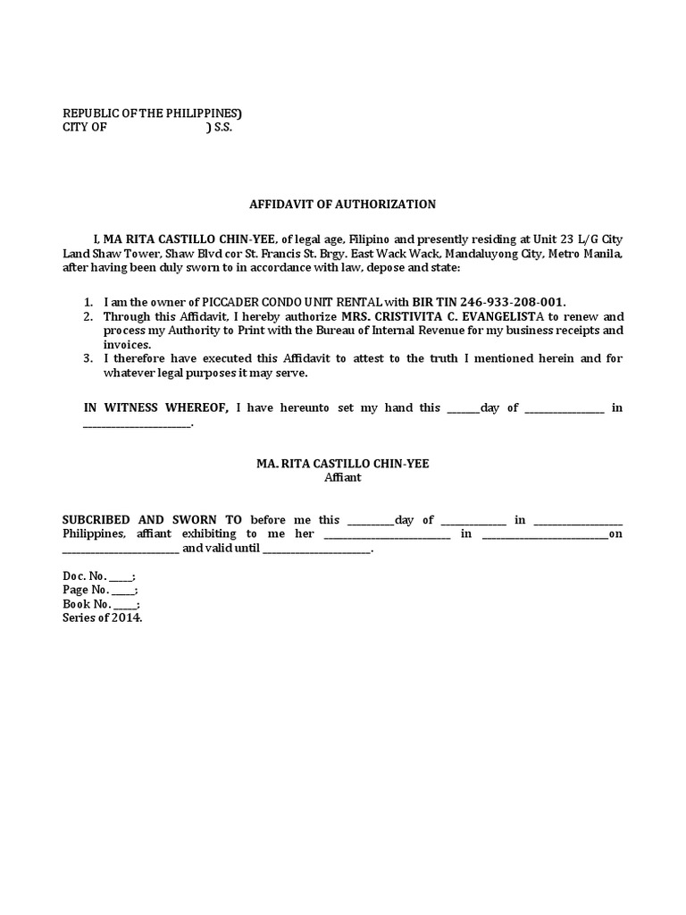 Affidavit of Authorization