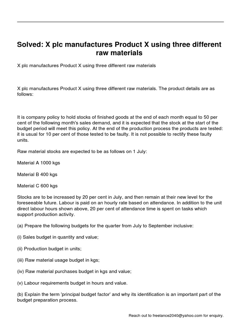X PLC Manufactures Product X Using Three Different Raw Materials | PDF ...