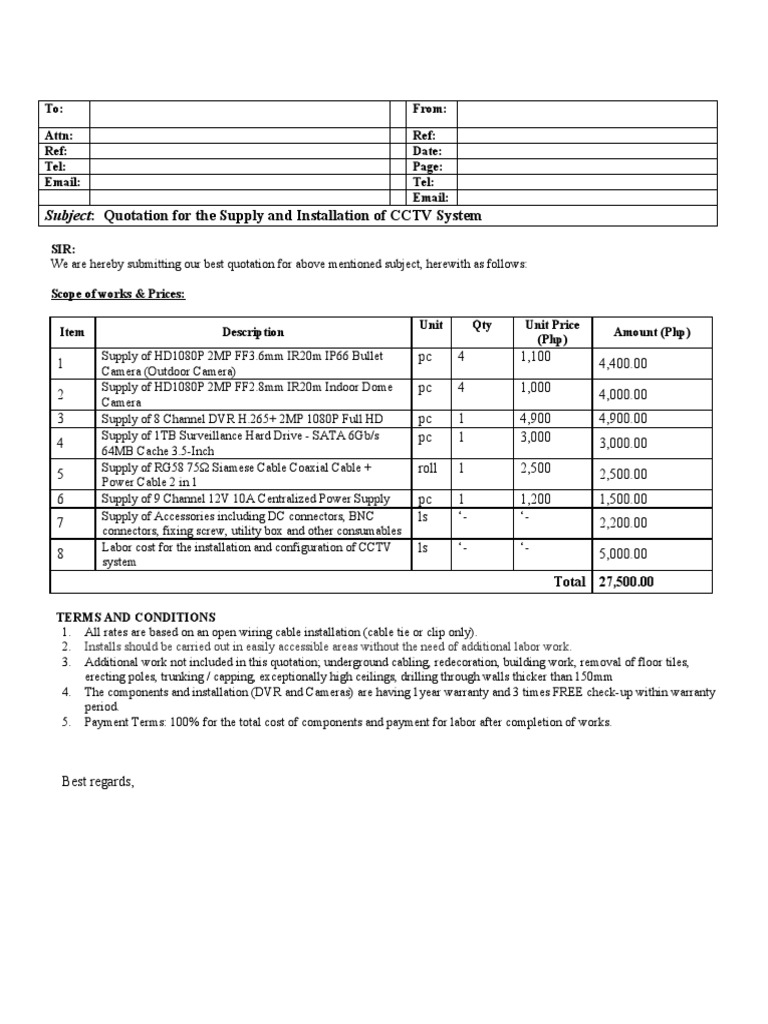 Quotation For SUpply and Installation of CCTV System | PDF | Cable ...