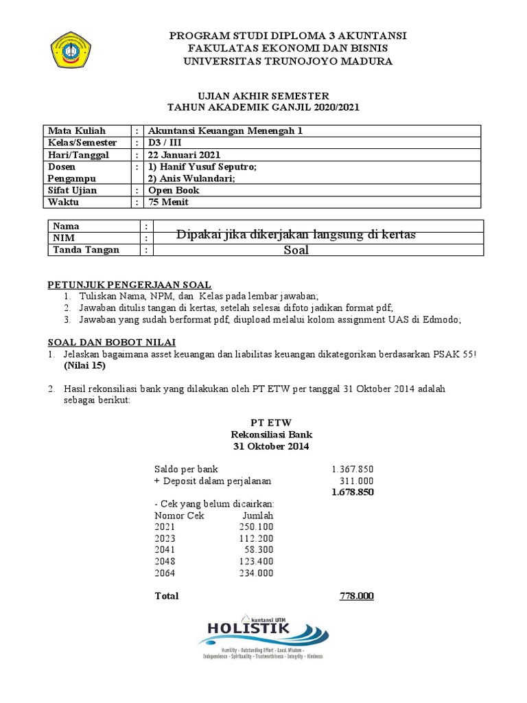 Soal Uas Akm 1 Gasal 20-21 - d3 | PDF