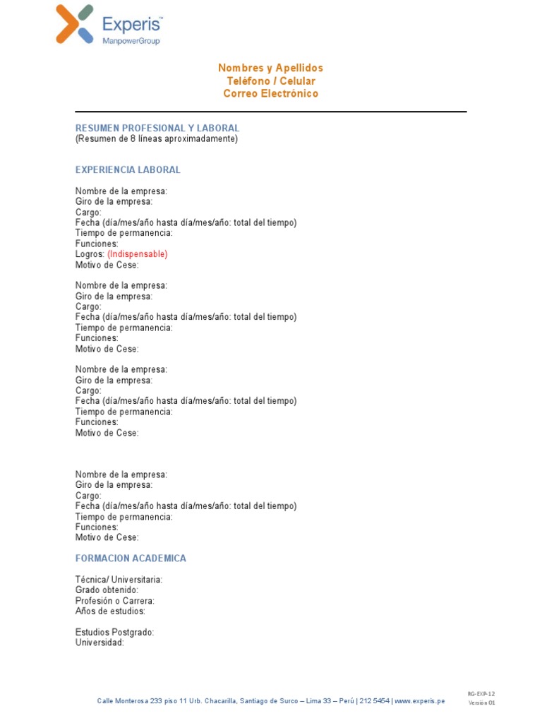 Formato CV Experis | PDF