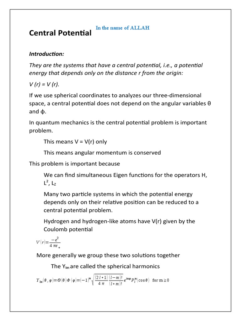 Quantum Central Potential Basics | PDF | Spin (Physics) | Angular Momentum