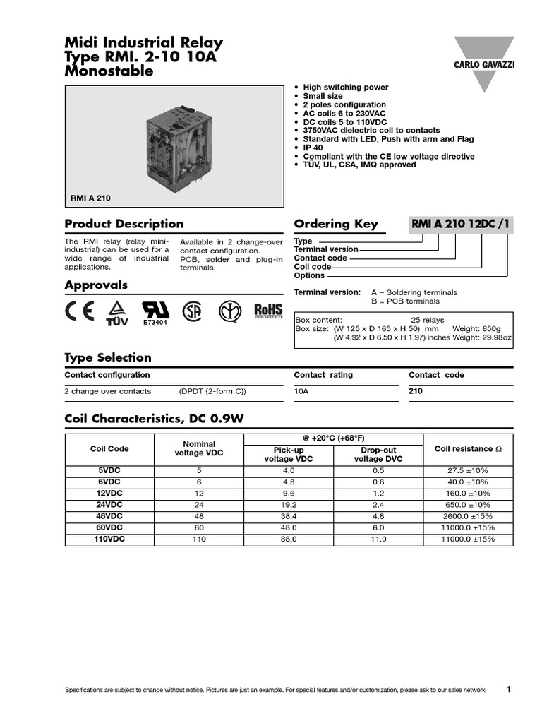 RMI 2-10 10A Monostable Industrial Relay: Technical Specifications and ...