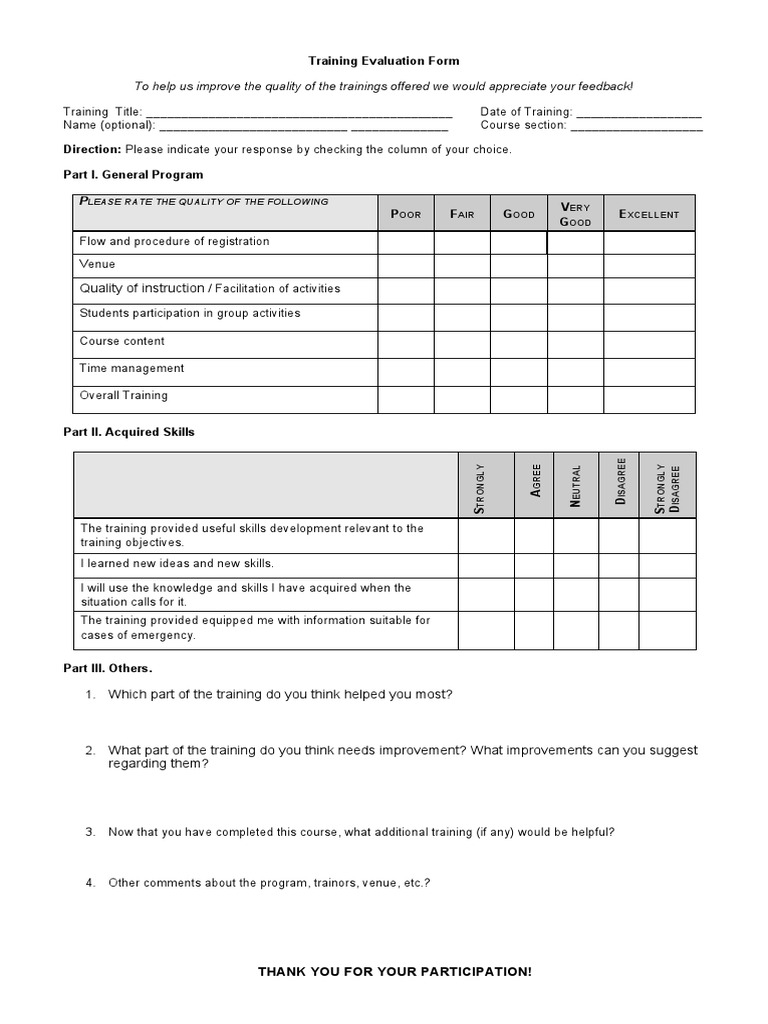 Training Evaluation Feedback Form | PDF | Educational Psychology | Learning