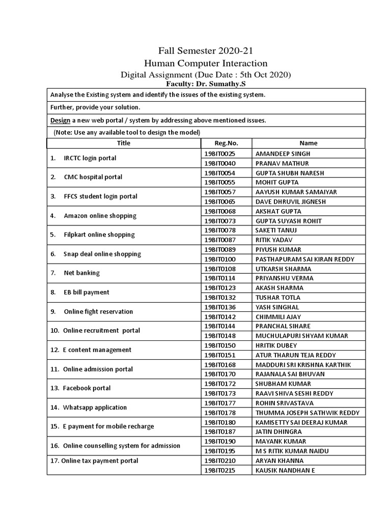 Fall Semester 2020-21 Human Computer Interaction: Digital Assignment (Due Date: 5th Oct 2020 ...
