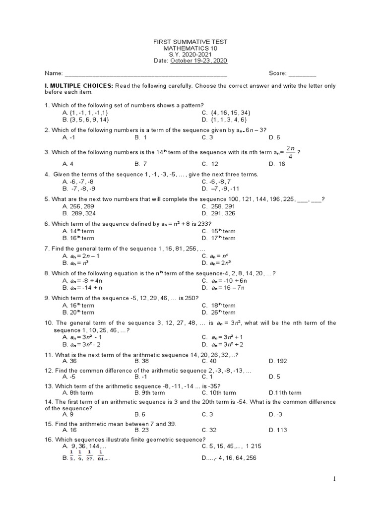 I. MULTIPLE CHOICES: Read The Following Carefully. Choose The Correct ...