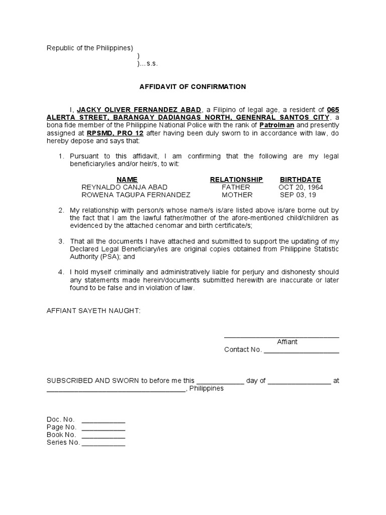 3 SOLO PARENT - Affidavit of Confirmation | PDF | Law