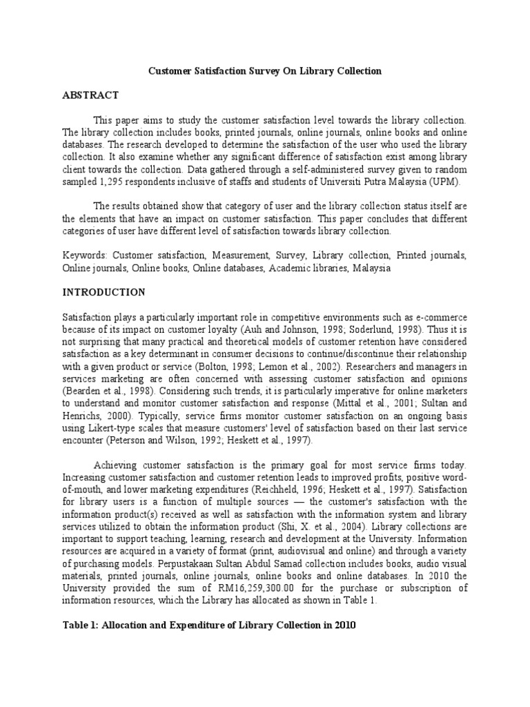 Customer Satisfaction Survey On Library Collection | PDF | Survey ...