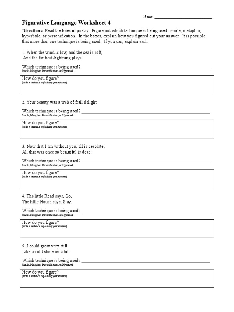 Figurative Language Worksheet 4 | PDF | Metaphor | Poetic Devices