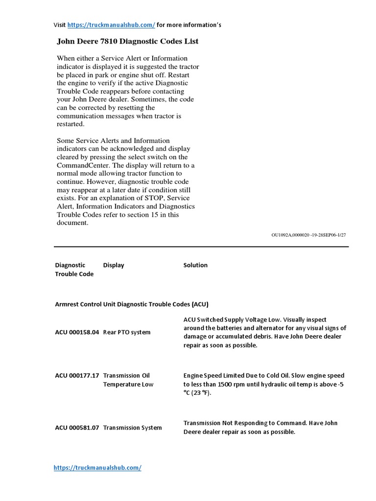 John Deere 7810 Diagnostic Codes List | PDF | Tractor | Transmission ...