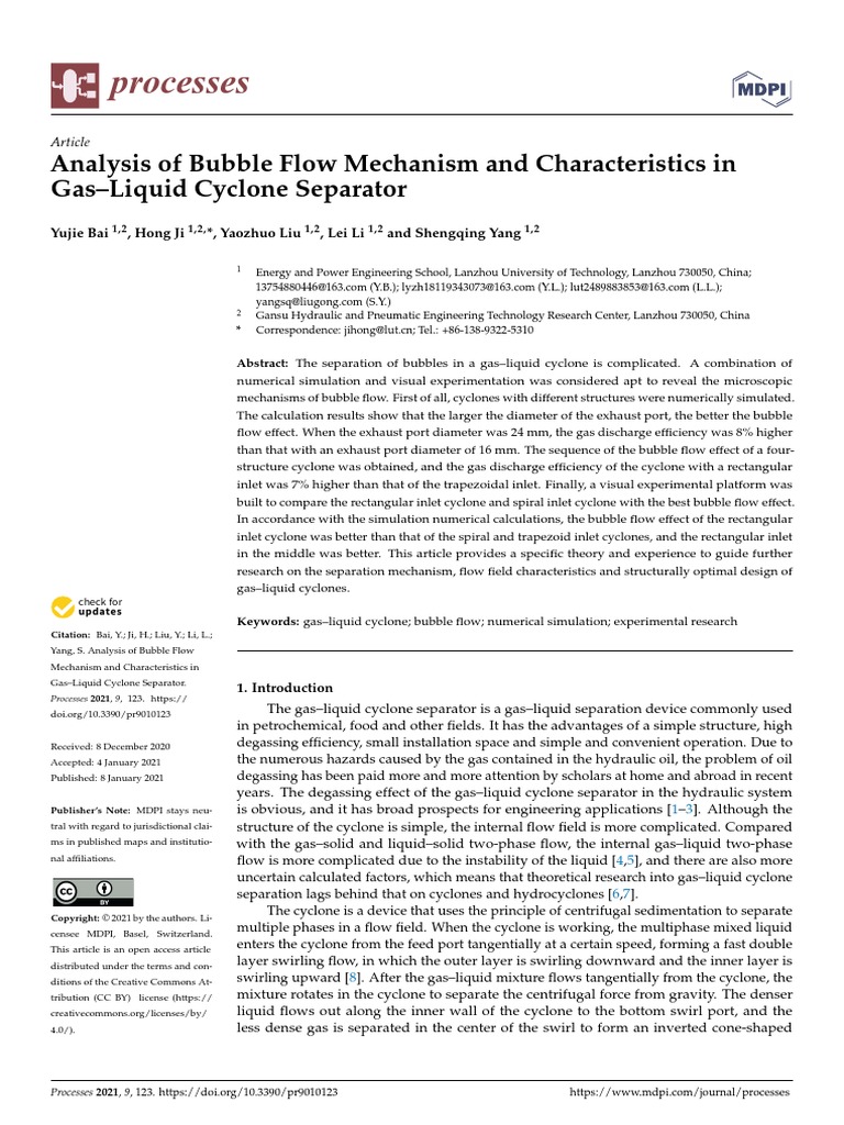 Processes: Analysis of Bubble Flow Mechanism and Characteristics in Gas-Liquid Cyclone Separator ...