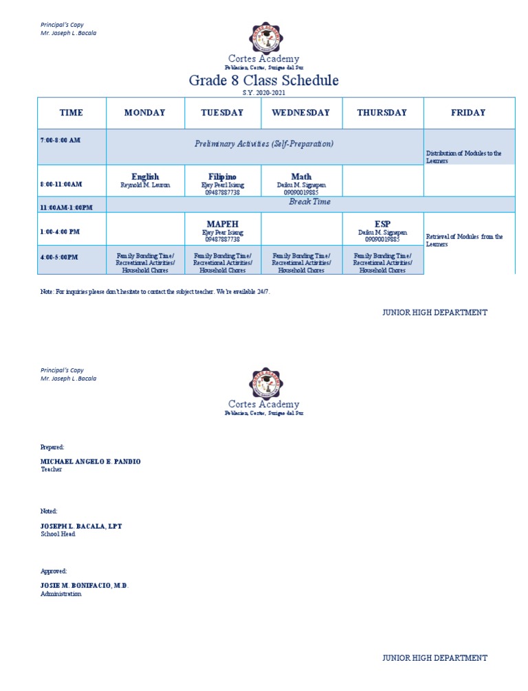 Grade 8 Class Schedule. Teacher's | PDF