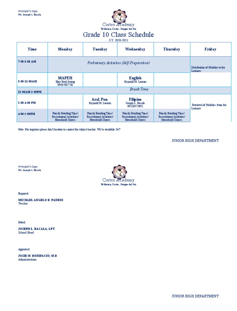 Grade 10 Class Schedule: Cortes Academy | PDF