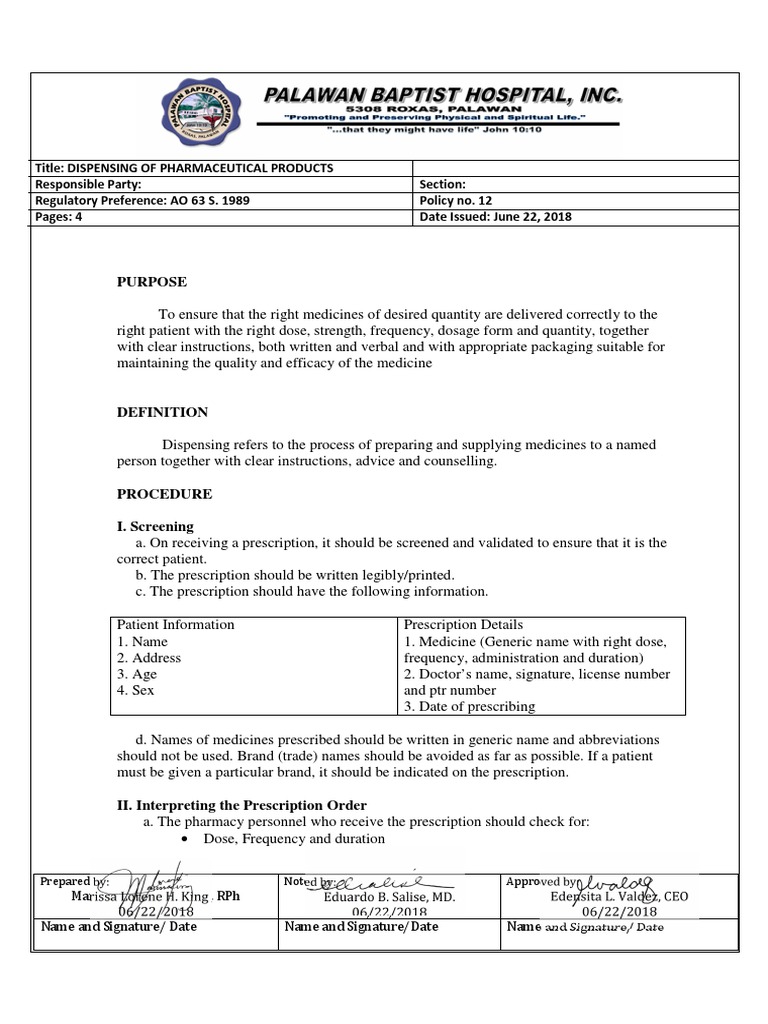 SOP for Pharmaceutical Dispensing | PDF | Medical Prescription ...