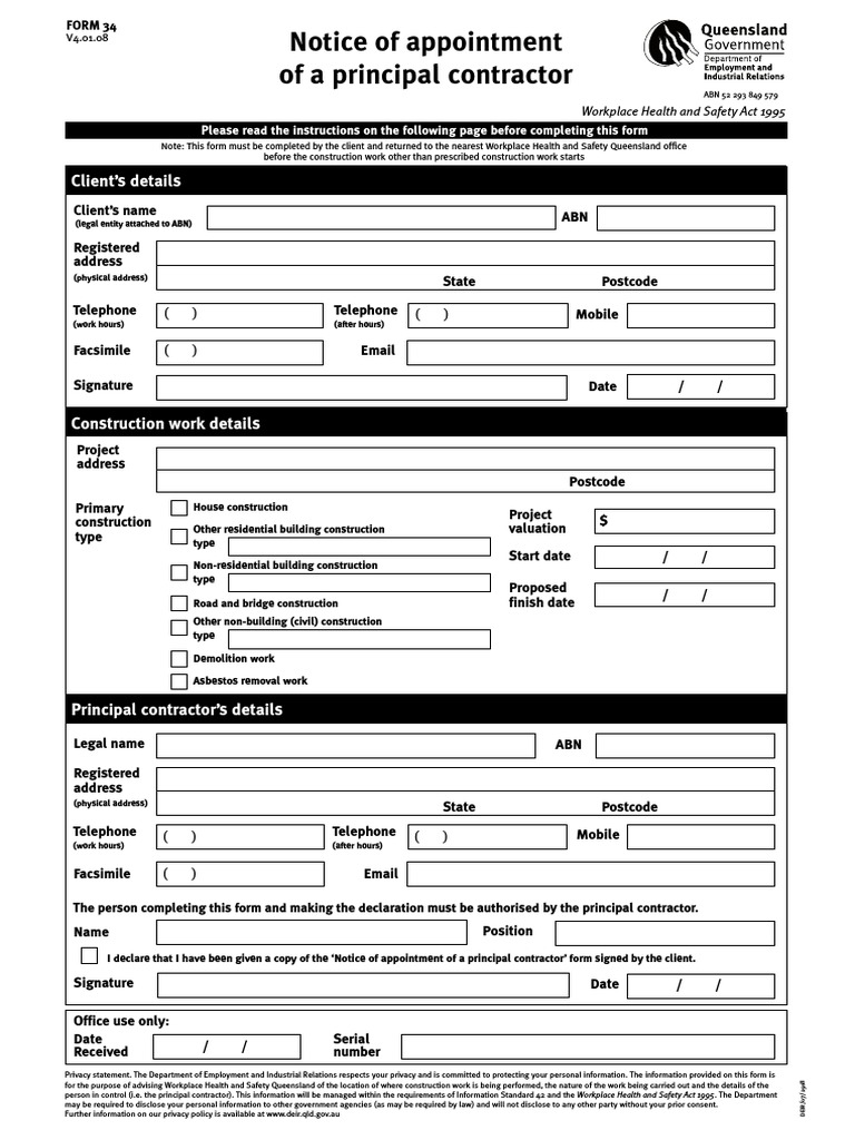 Sample - Principal Contractor Form 1995 CPCCBC5005A | PDF | Employment ...