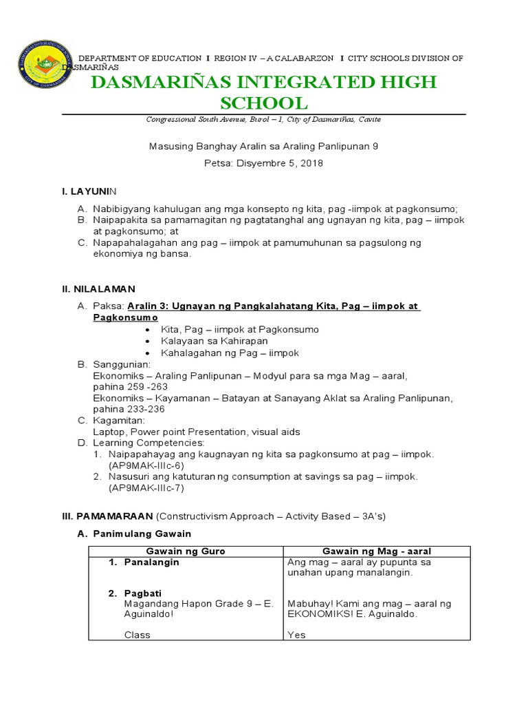 Lesson Plan Ugnayan-ng-Pangkalahatang-Kita-Pag-iimpok-at-Pagkonsumo | PDF