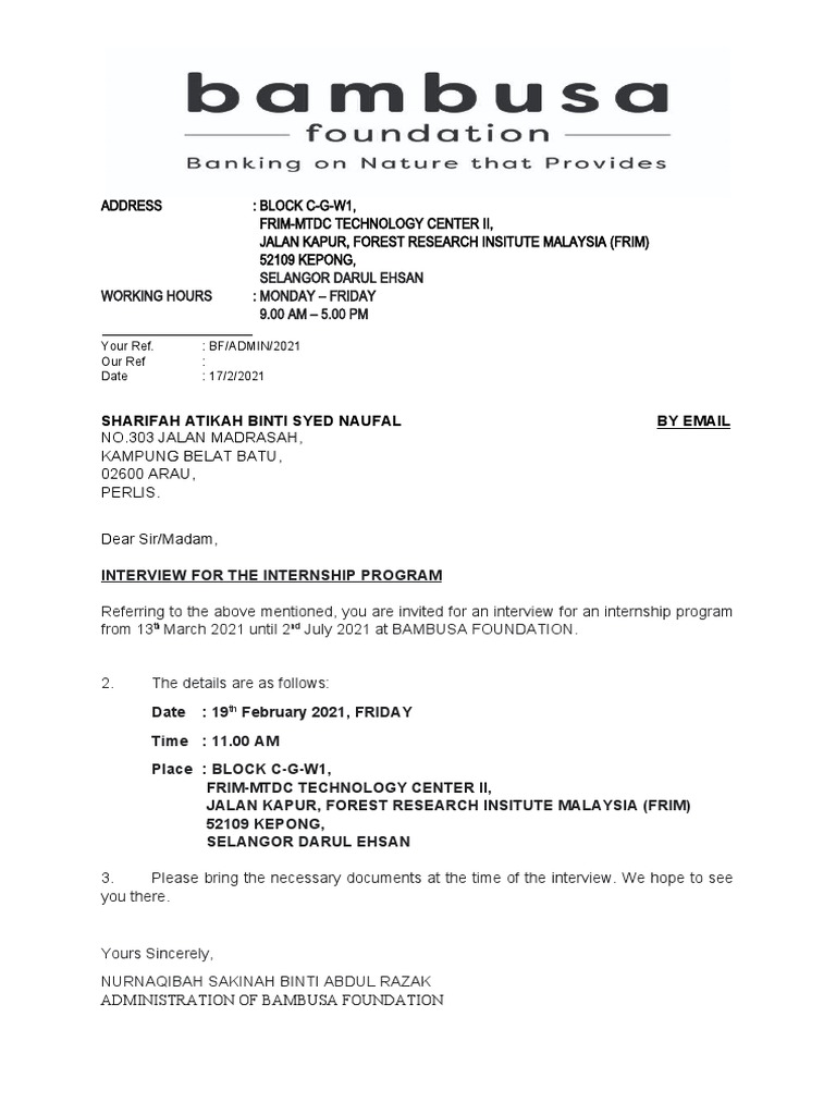 Invitation to Interview for Internship Program at BambuSa Foundation | PDF