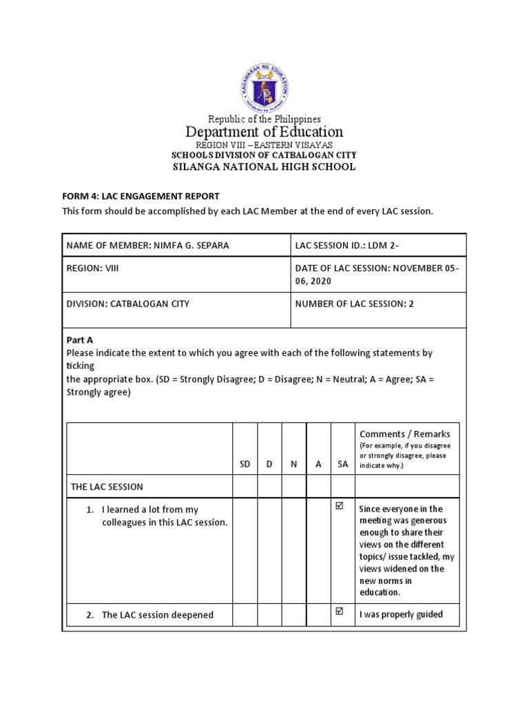 Form 4. LAC Engagement Report | PDF | Pedagogy | Learning
