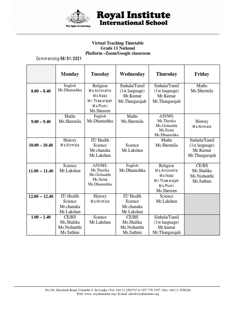 Monday Tuesday Wednesday Thursday Friday: Virtual Teaching Timetable ...